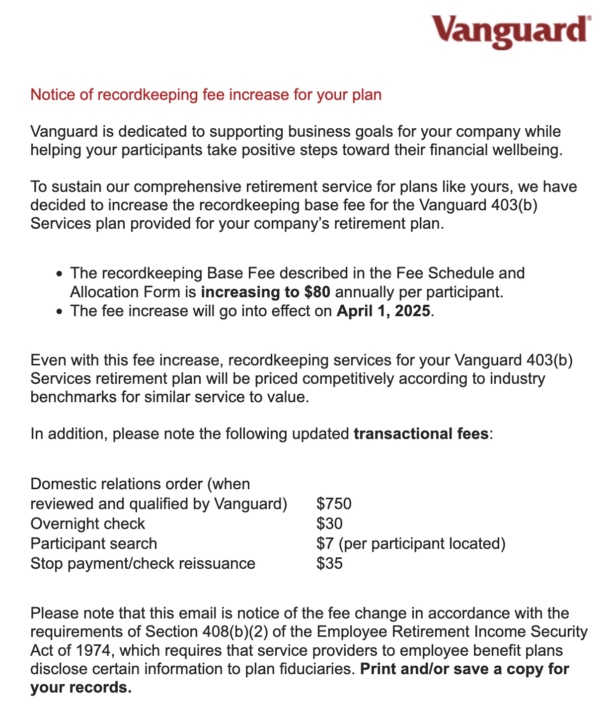 Vanguard Increasing 403b Administrative Fee to $80 a Year – Fisch Financial